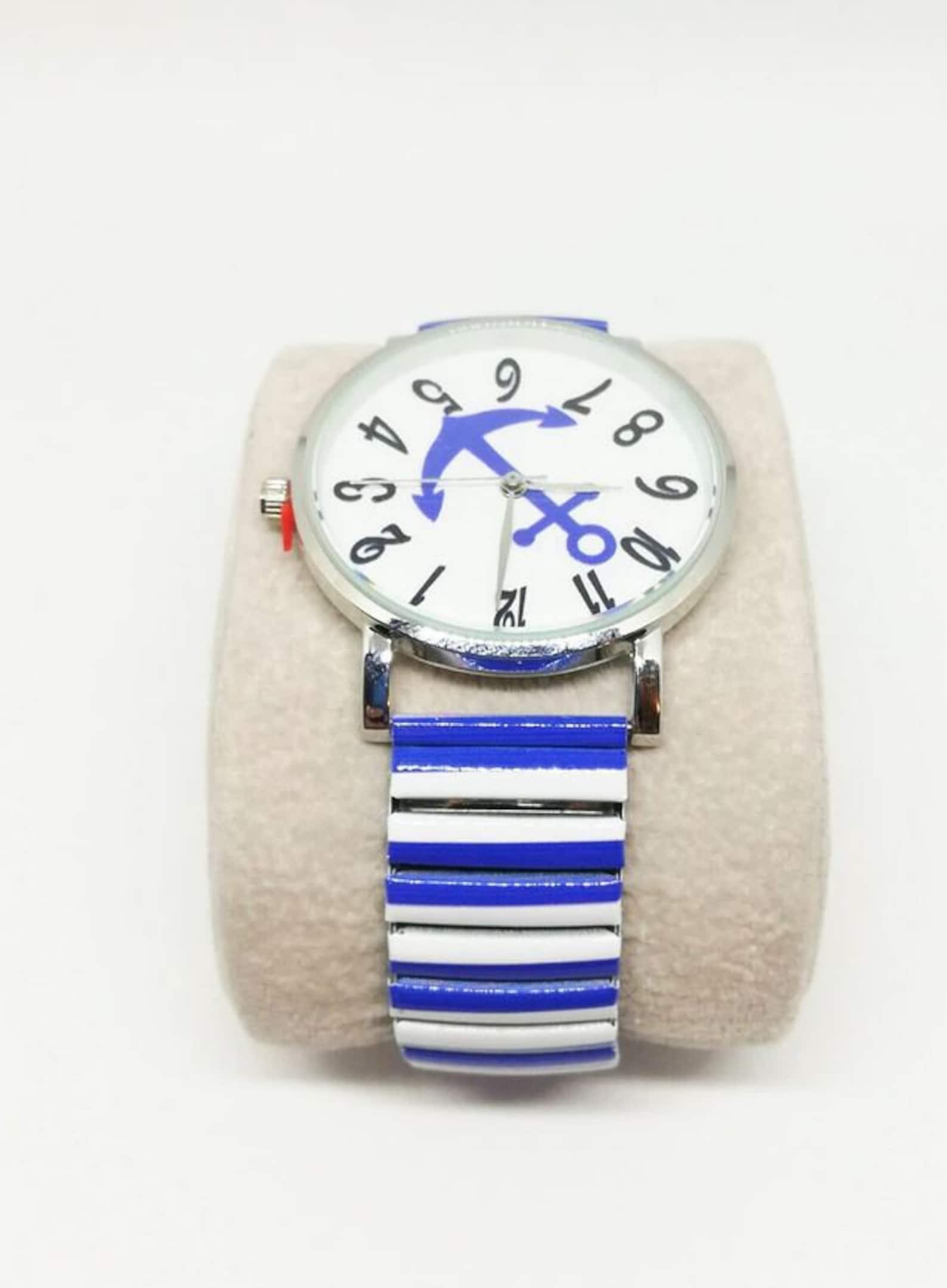 Women's Quartz Watch With Marine Anchor Pattern, White and Blue Stripes ...