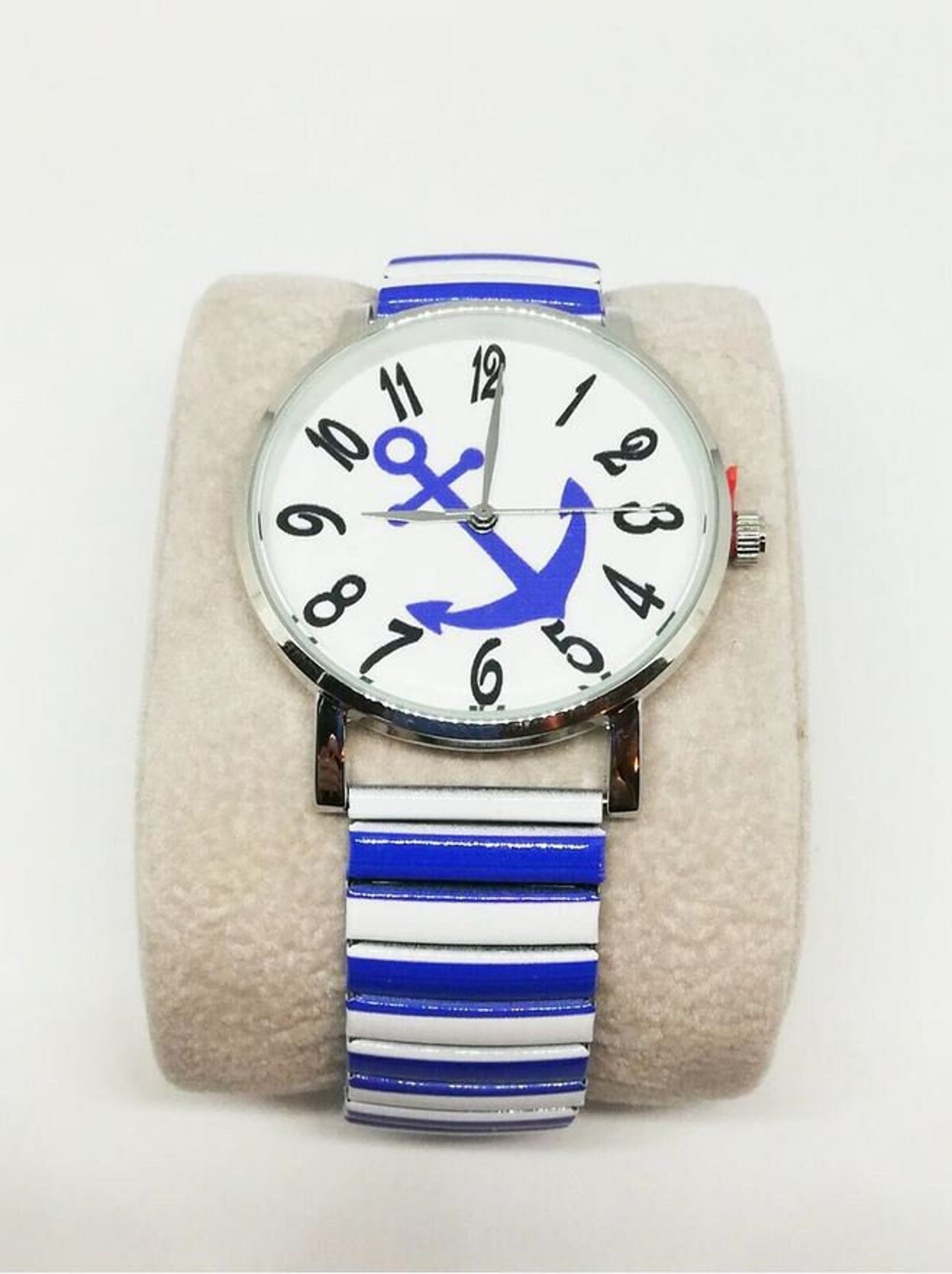 Women's Quartz Watch With Marine Anchor Pattern, White and Blue Stripes ...