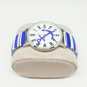 Women's Quartz Watch With Marine Anchor Pattern, White and Blue Stripes ...