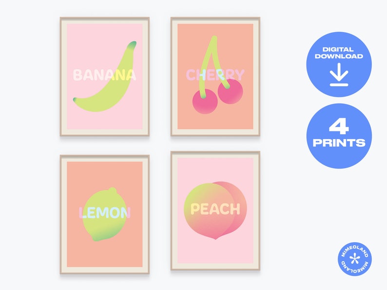 Set of 4 Minimalist Modern Fruit Art Print, Neon Colourful Trendy Wall ...