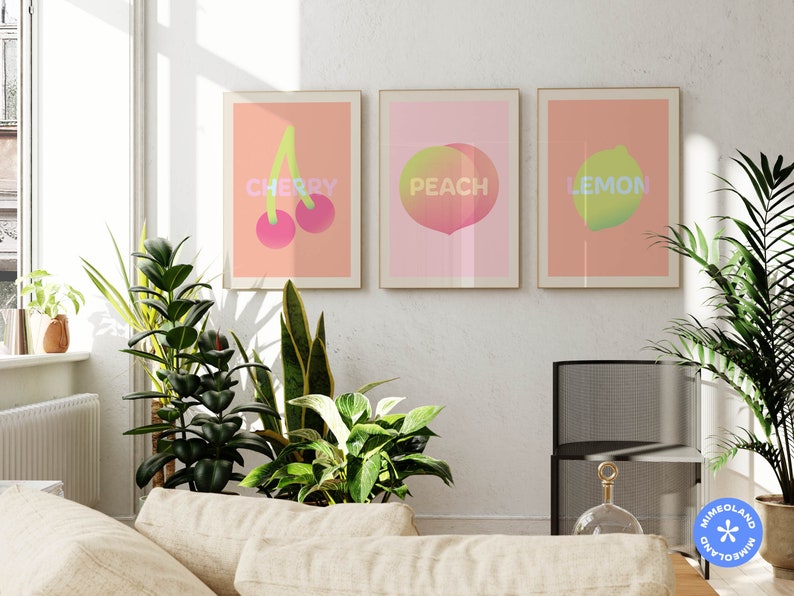 Set of 4 Minimalist Modern Fruit Art Print, Neon Colourful Trendy Wall ...