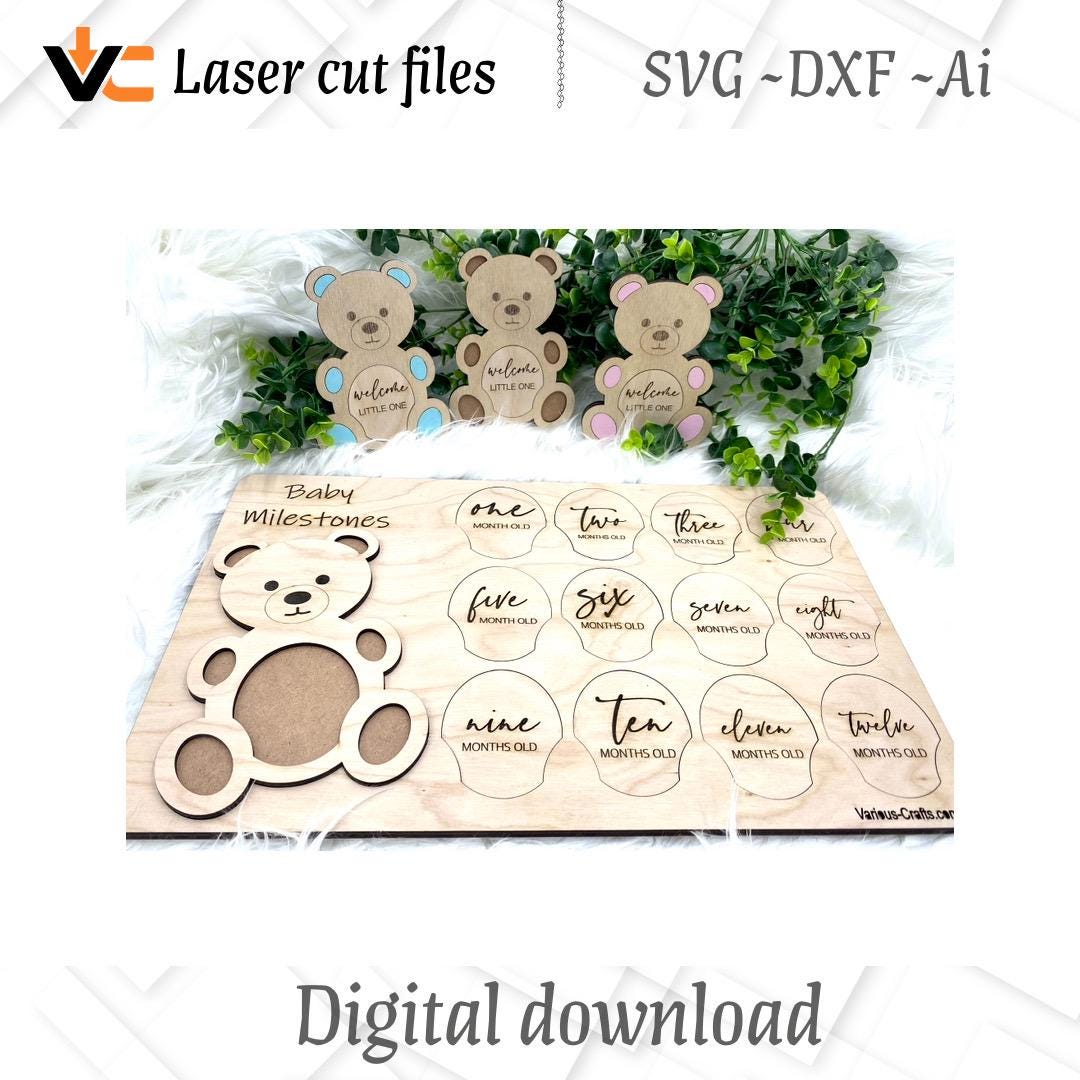 Digital SVG AI DXF Files Laser Engraving Teddy Bear Milestones Set With ...