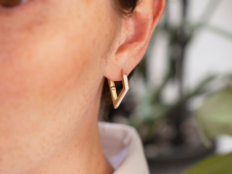 White Enamel Hoop, Gold White Angular Hoop Earrings, Enamel Earrings, Gold Hoop Earrings, White ...