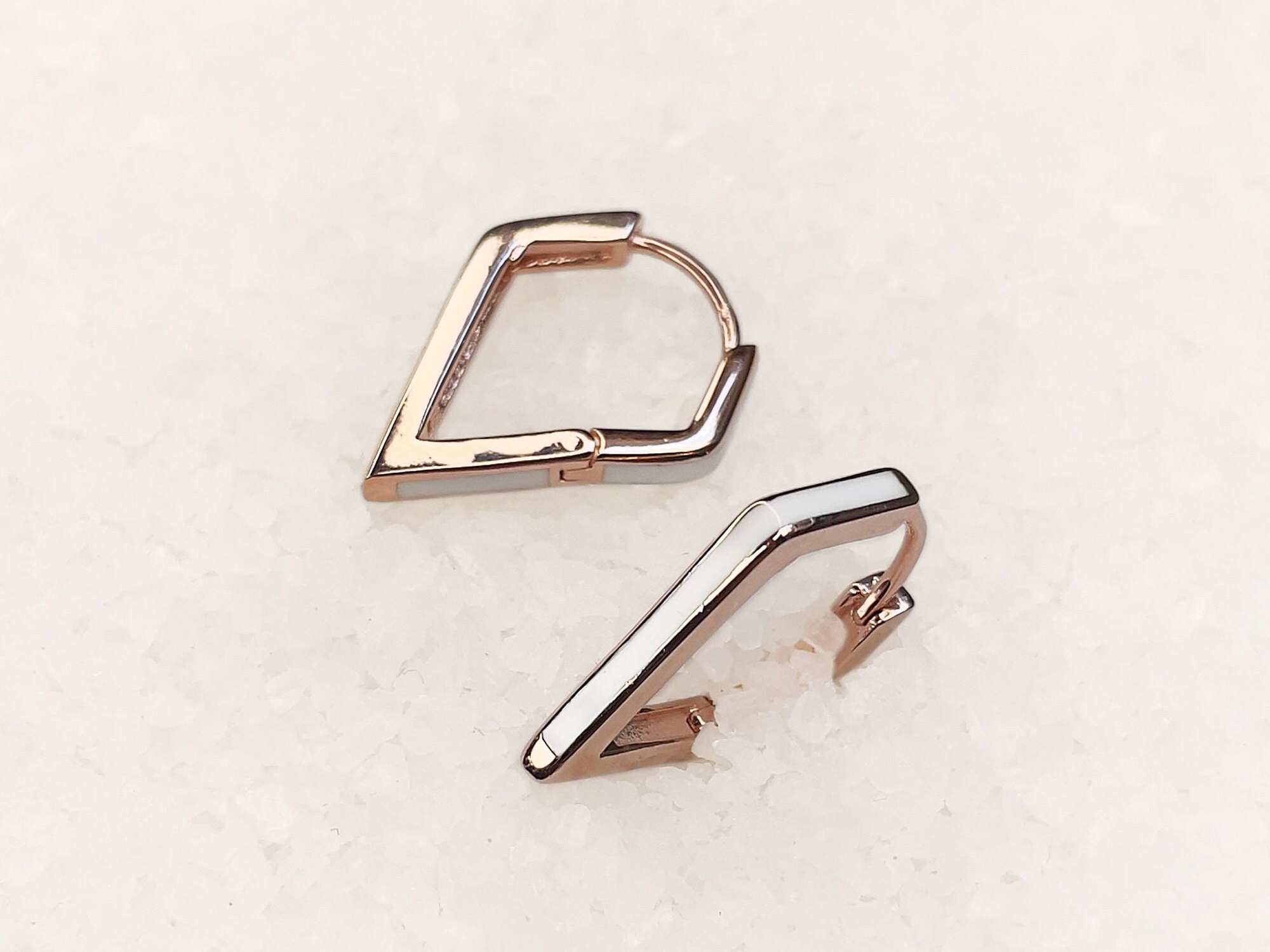 White Enamel Hoop, Gold White Angular Hoop Earrings, Enamel Earrings, Gold Hoop Earrings, White ...