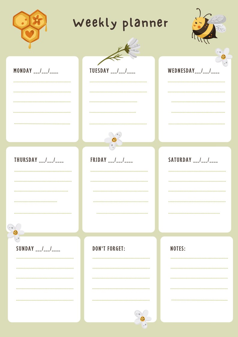 Busy Bee Printable Weekly Planner , Digital Download, Weekly Planner - Etsy