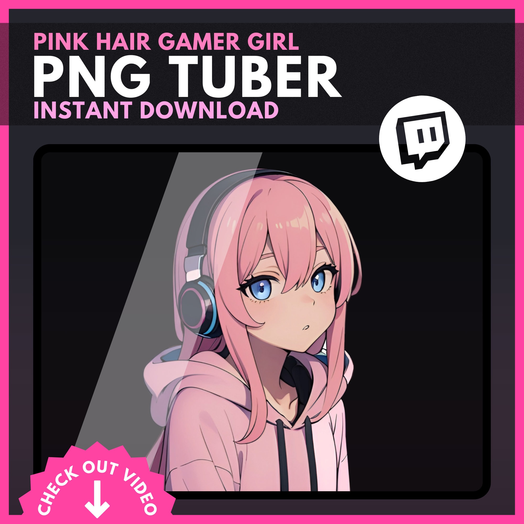 Pngtuber Pink Hair Gamer Girl Half Body Pngtuber Twitch Streaming Easy ...