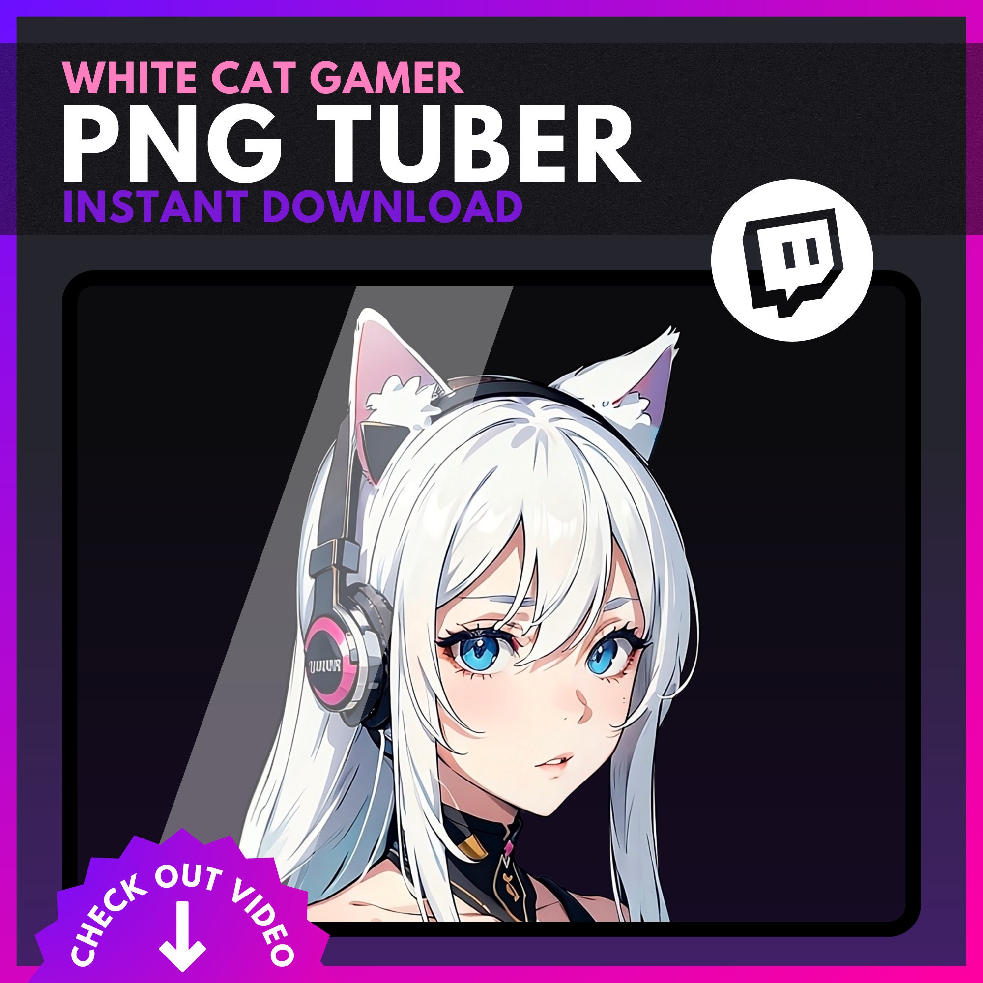 Pngtuber White Cat Gamer Girl | Half Body Pngtuber - Twitch Streaming ...