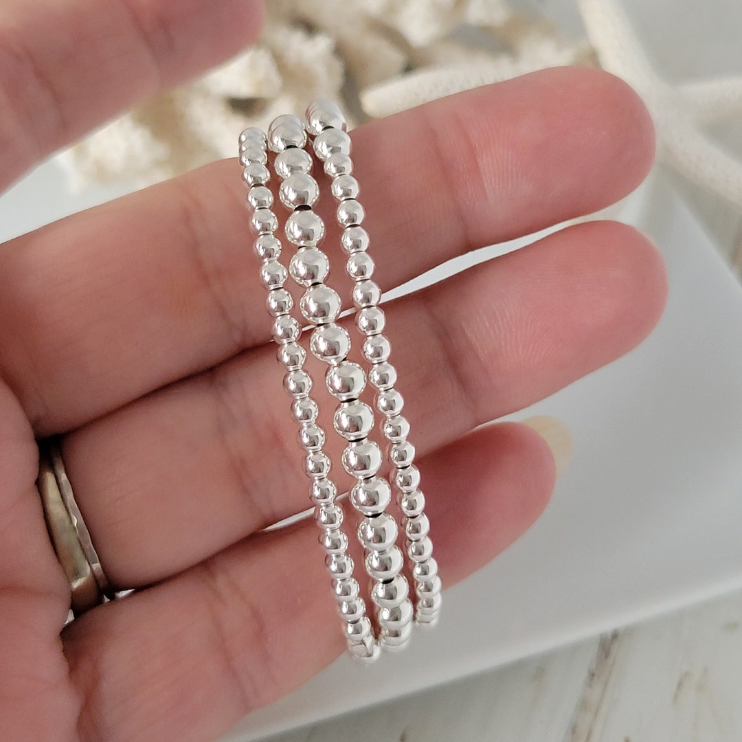 Sterling Silver Bead Bracelet - Stretchy Layering Stack Bracelet ...