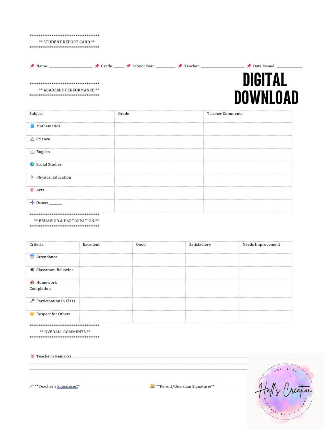 Student Report Card | Report Card | Digital Report Card | Homeschool ...
