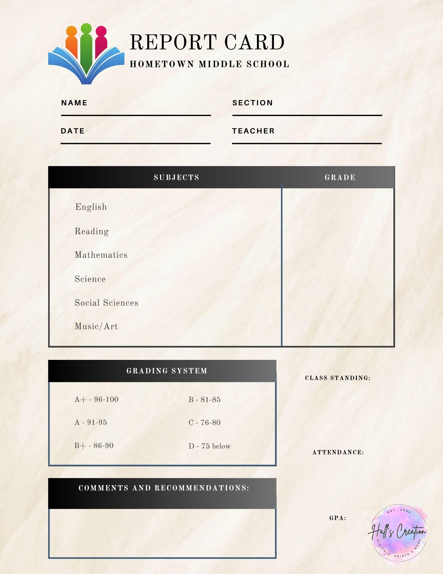 Middle School Report Card Printable | PDF | Digital Download | Instant ...