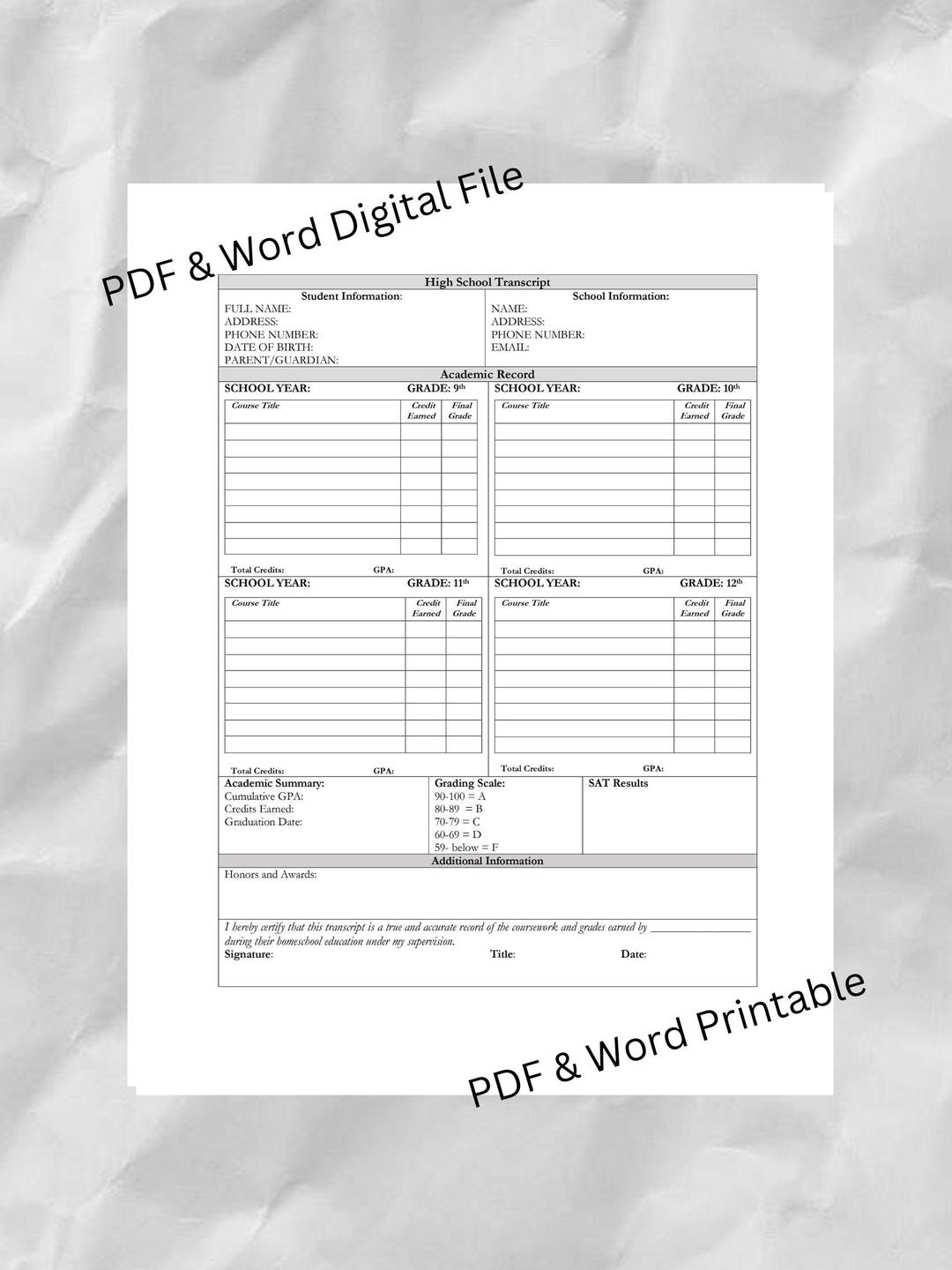 Printable Homeschool Transcript Template | Editable PDF | Instant ...