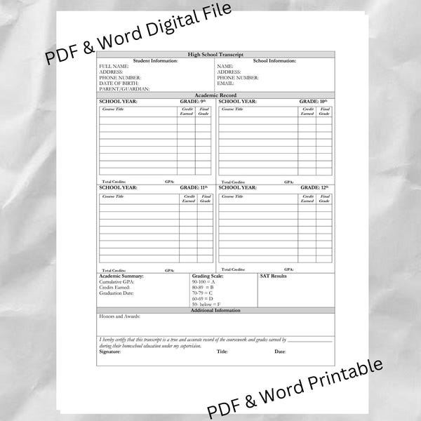 Middle School Transcript - Etsy