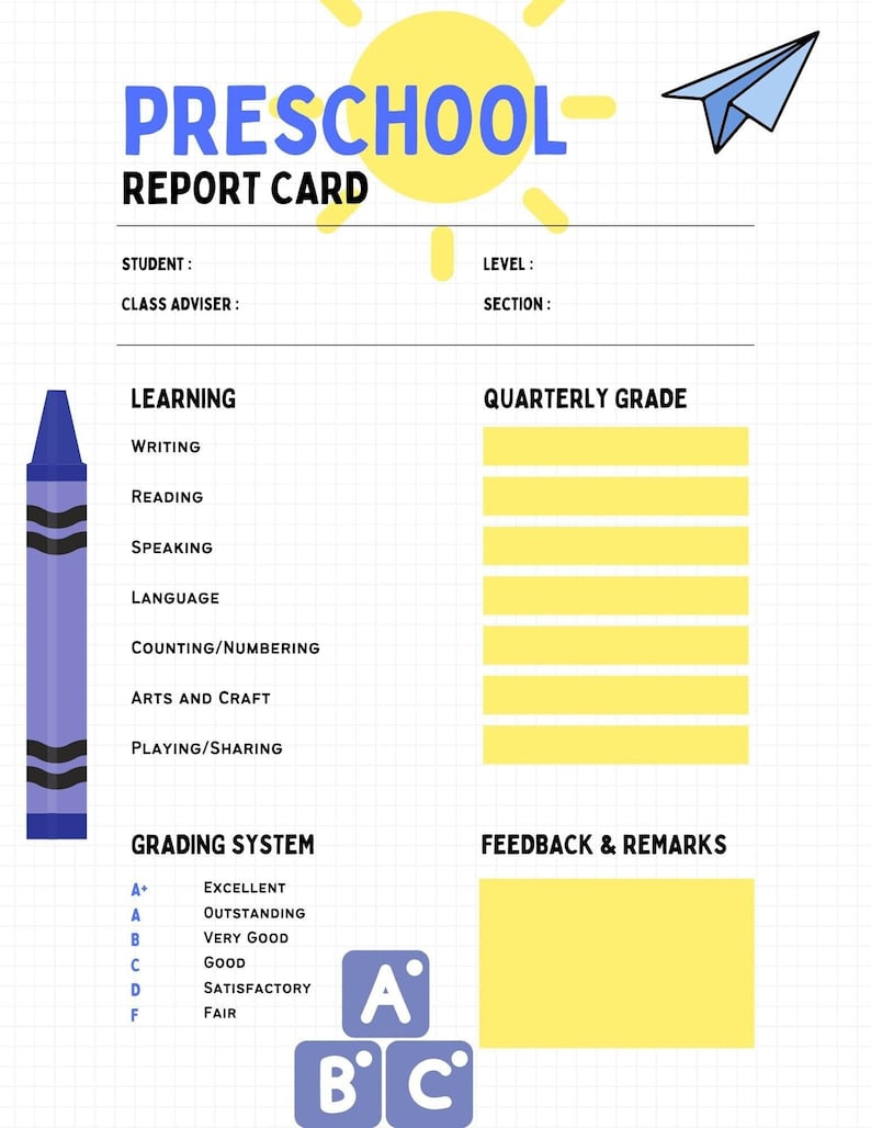 Preschool Report Card Template | Printable PDF - Etsy