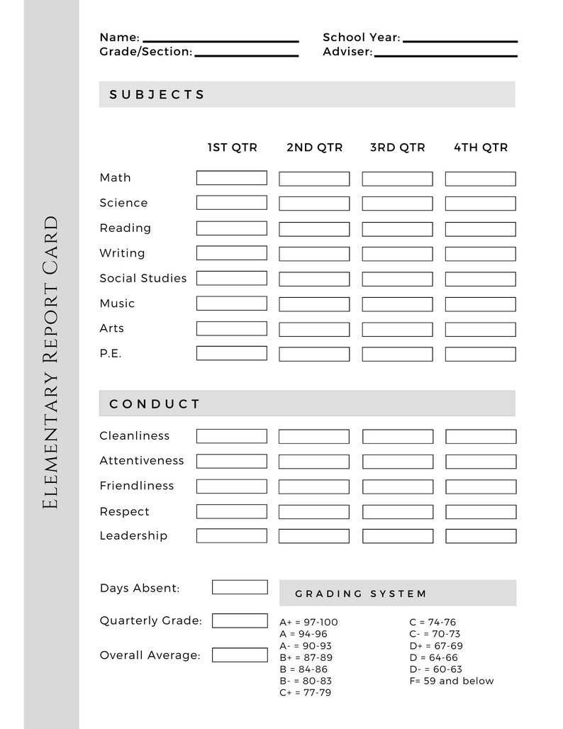 Elementary Report Card Printable | Homeschool Grade Report (digital ...