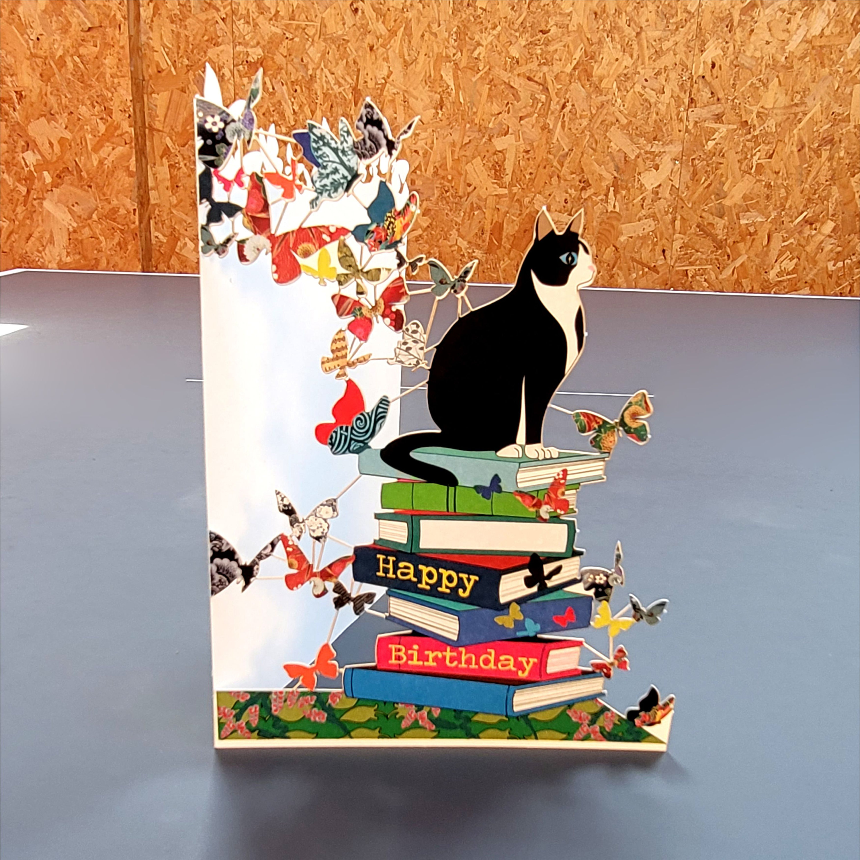 Cat, Butterflies and Books - ''happy Birthday'' Cut Out Card - Birthday ...