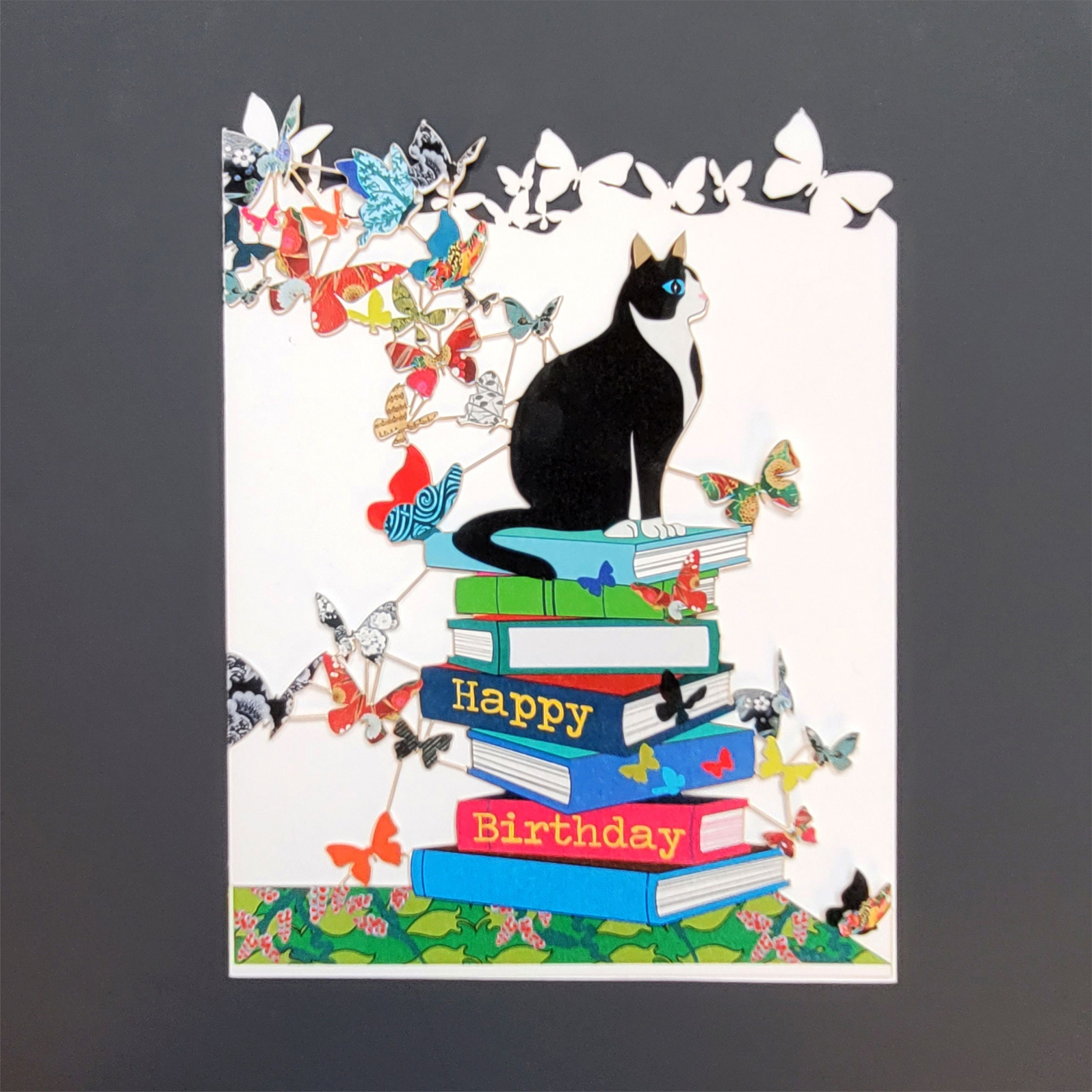 Cat, Butterflies and Books - ''happy Birthday'' Cut Out Card - Birthday ...