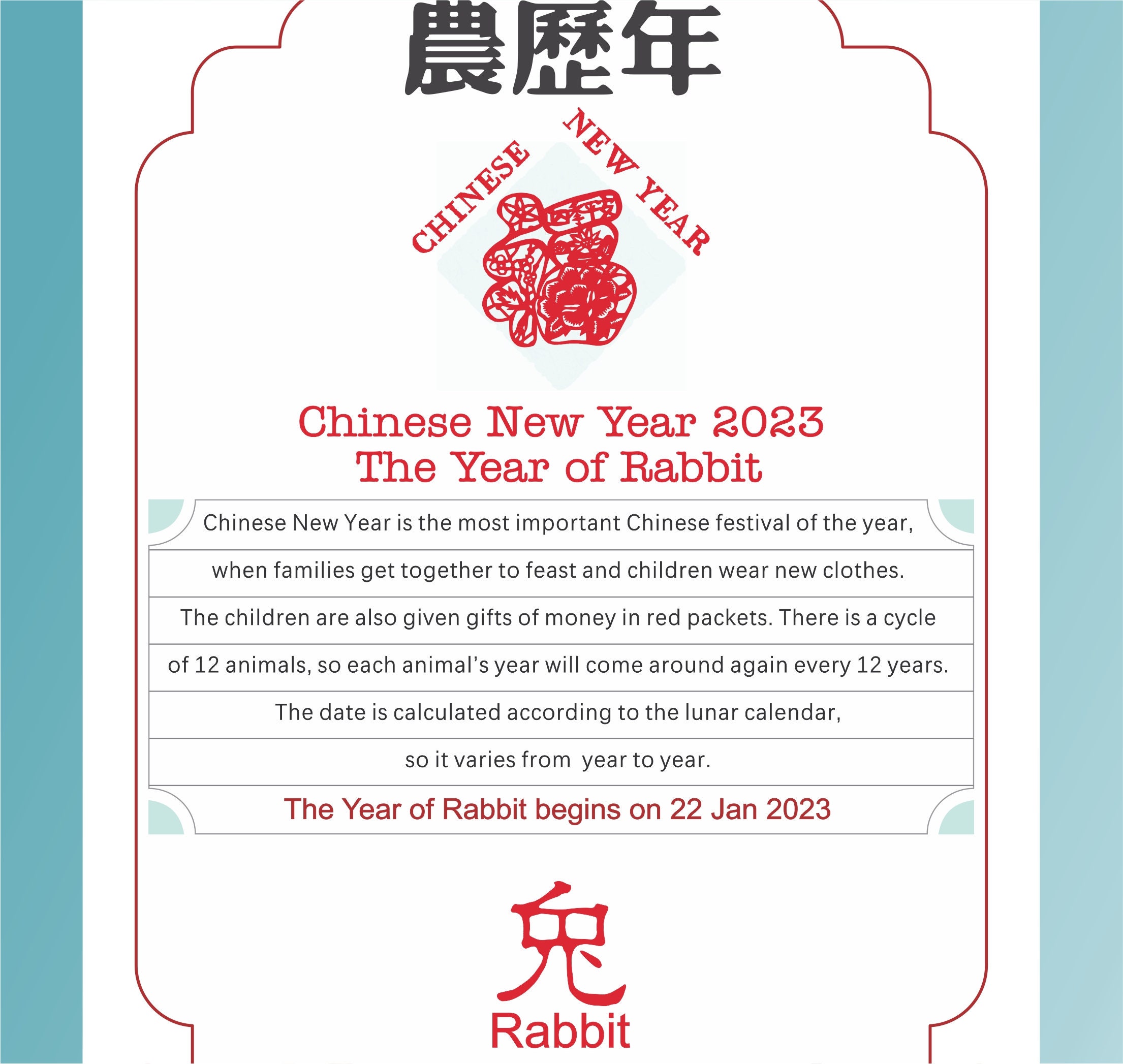 Chinese New Year Card 2023 Year of the Rabbit 22nd of - Etsy UK