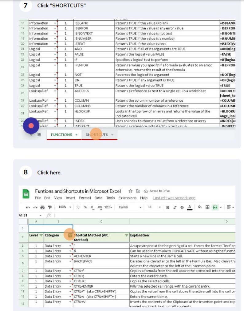 Microsoft Excel Functions and Shortcuts Workbook - Etsy