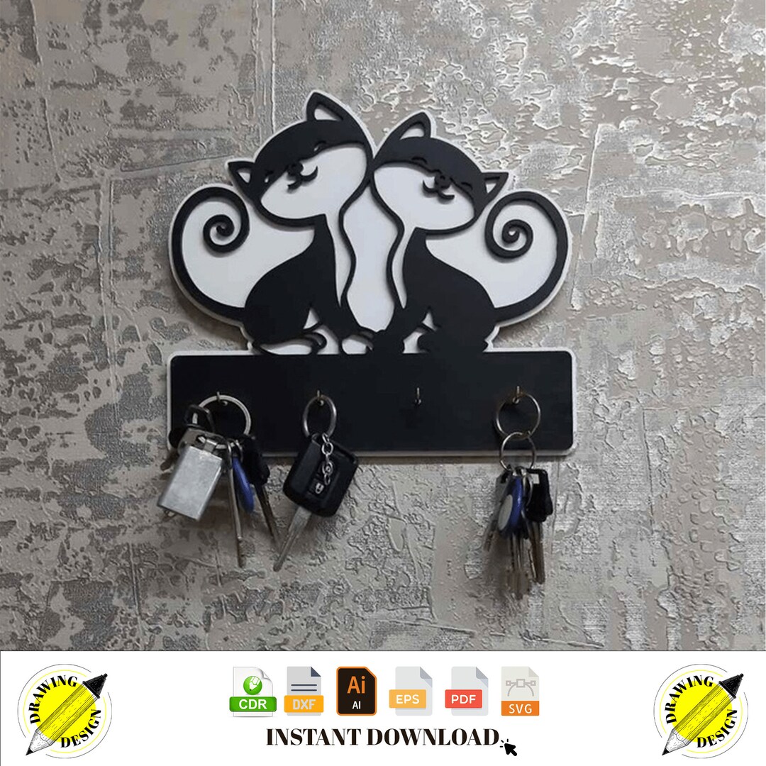 Laser Cut Cute Cats Key Holder Instant Download Vector Files Cdr Dxf ...