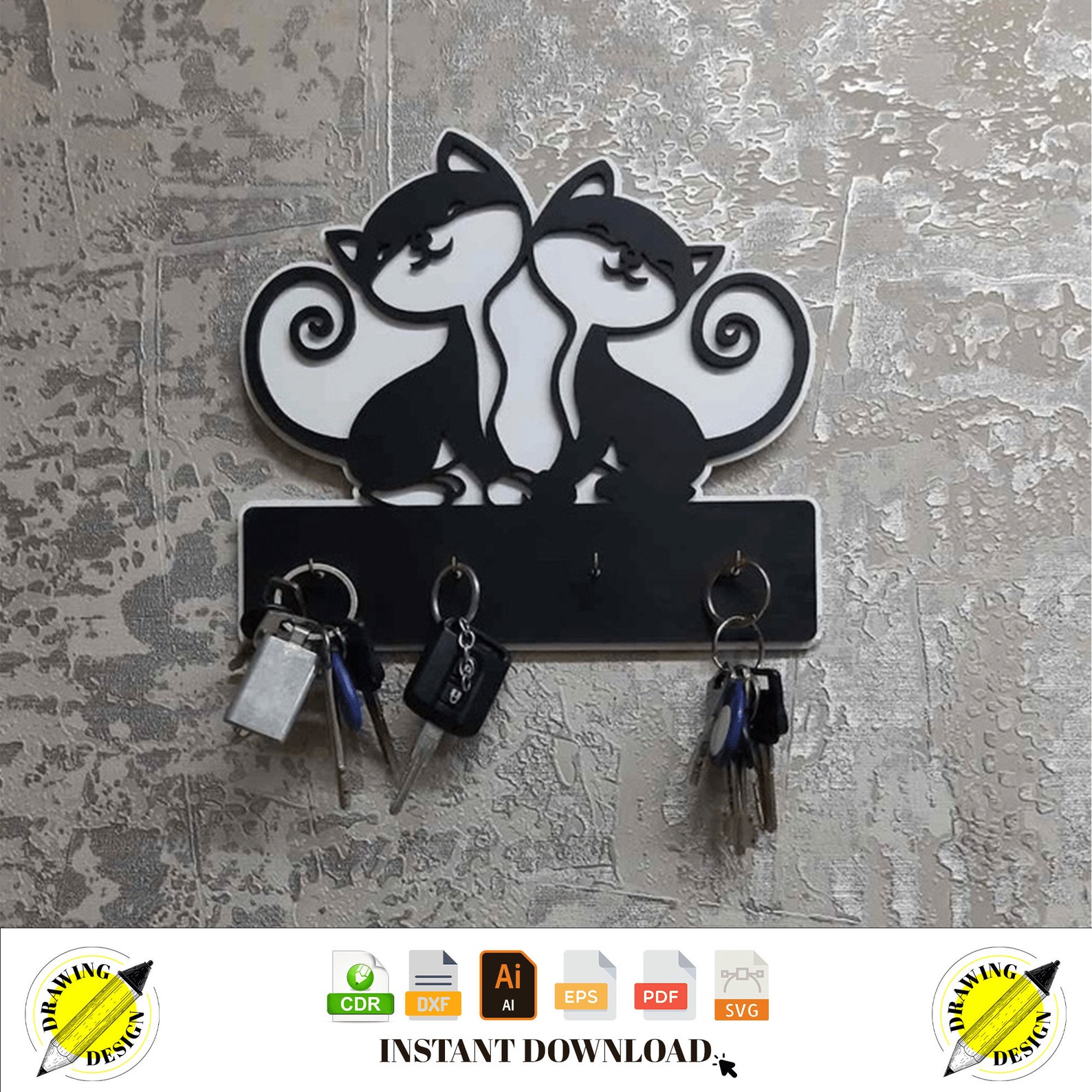 Laser Cut Cute Cats Key Holder Instant Download Vector Files Cdr Dxf ...