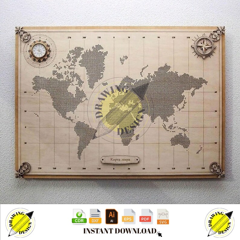 Laser Cut World Map Wall Decor Instant Download Vector Files Cdr Dxf ...
