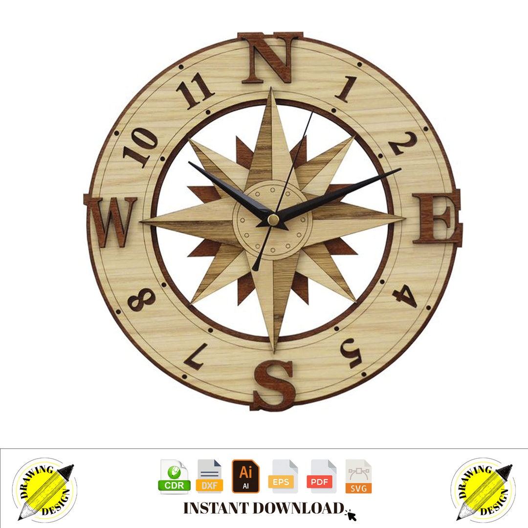Laser Cut Compass Wall Clock Instant Download Vector Files Cdr Dxf Svg ...