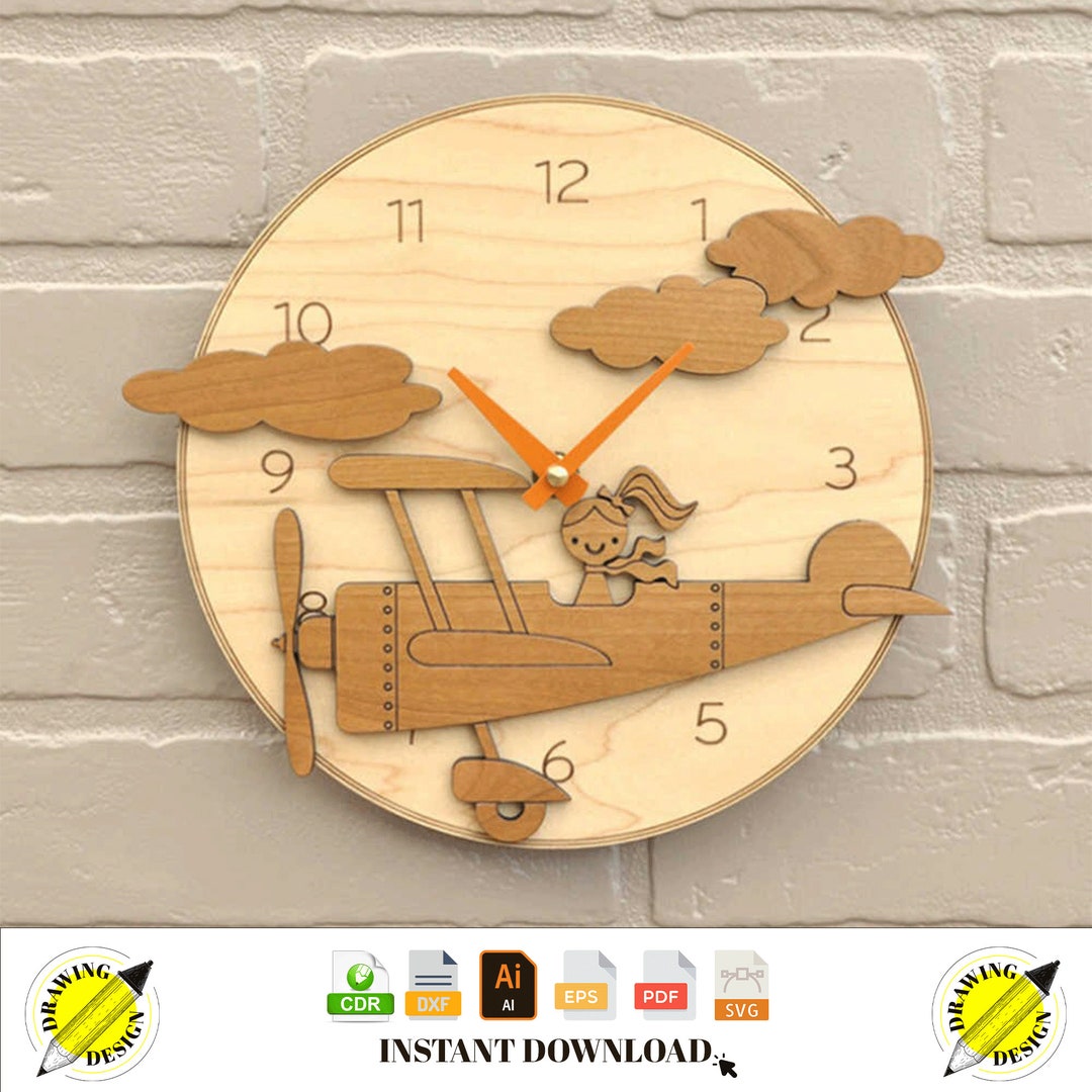 Laser Cut Cartoon Pilot Plane Wall Clock Instant Download Vector Files ...