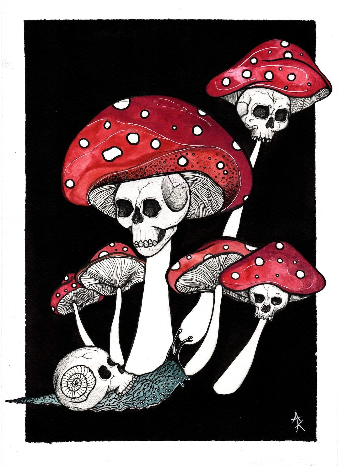 Death Caps Art Print, Whimsical Mushroom and Skull Theme - Etsy