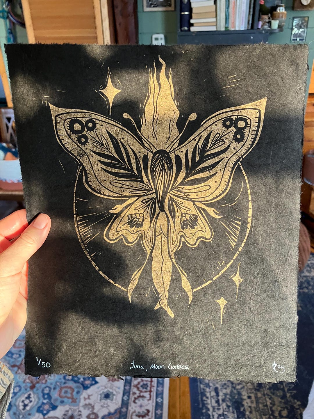Moon Goddess Block Print, Luna Moth, Folk Art Style, Divine Feminine ...