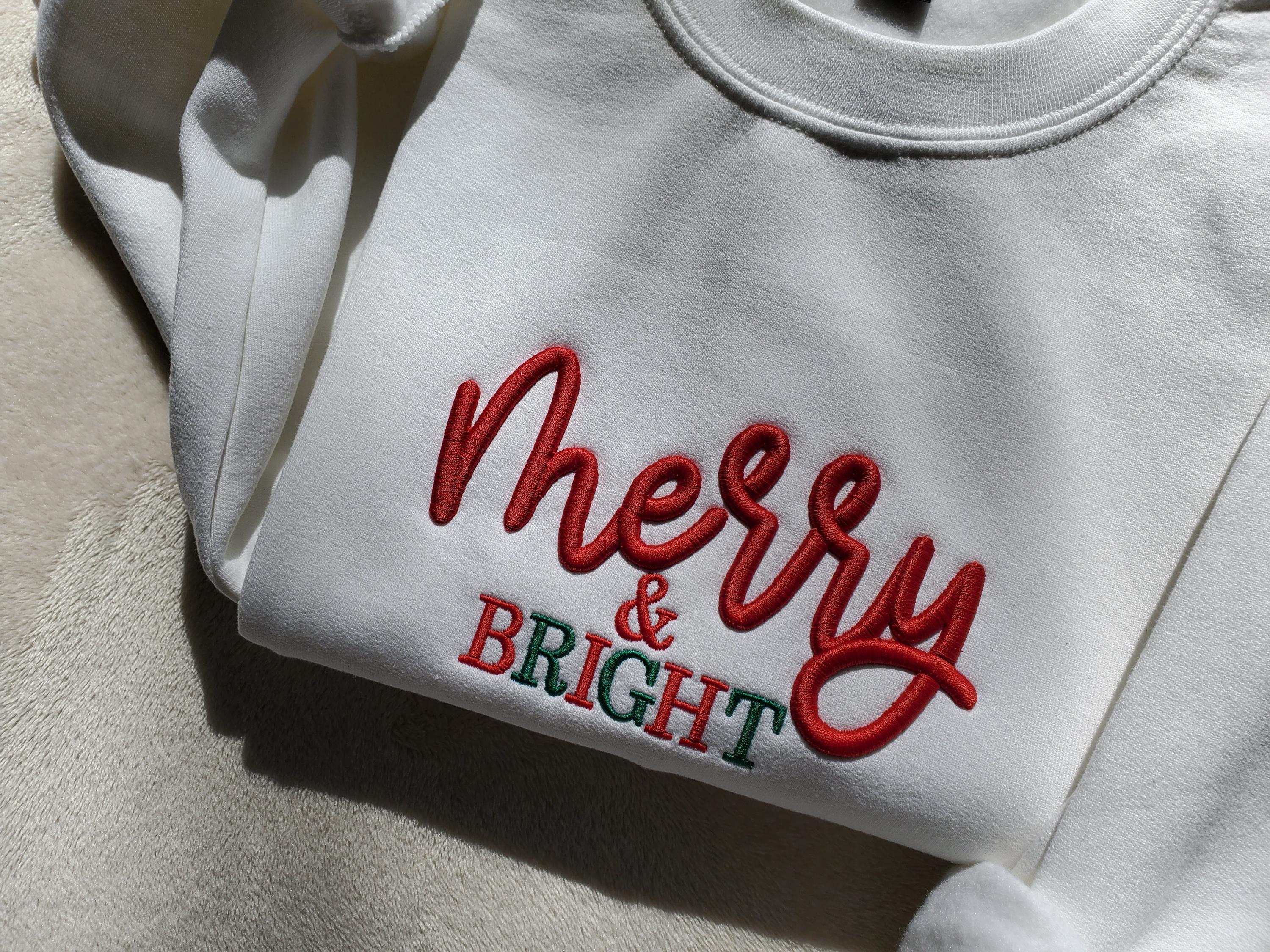 3D Puff Merry and Bright Embroidered Christmas Sweatshirt - Etsy