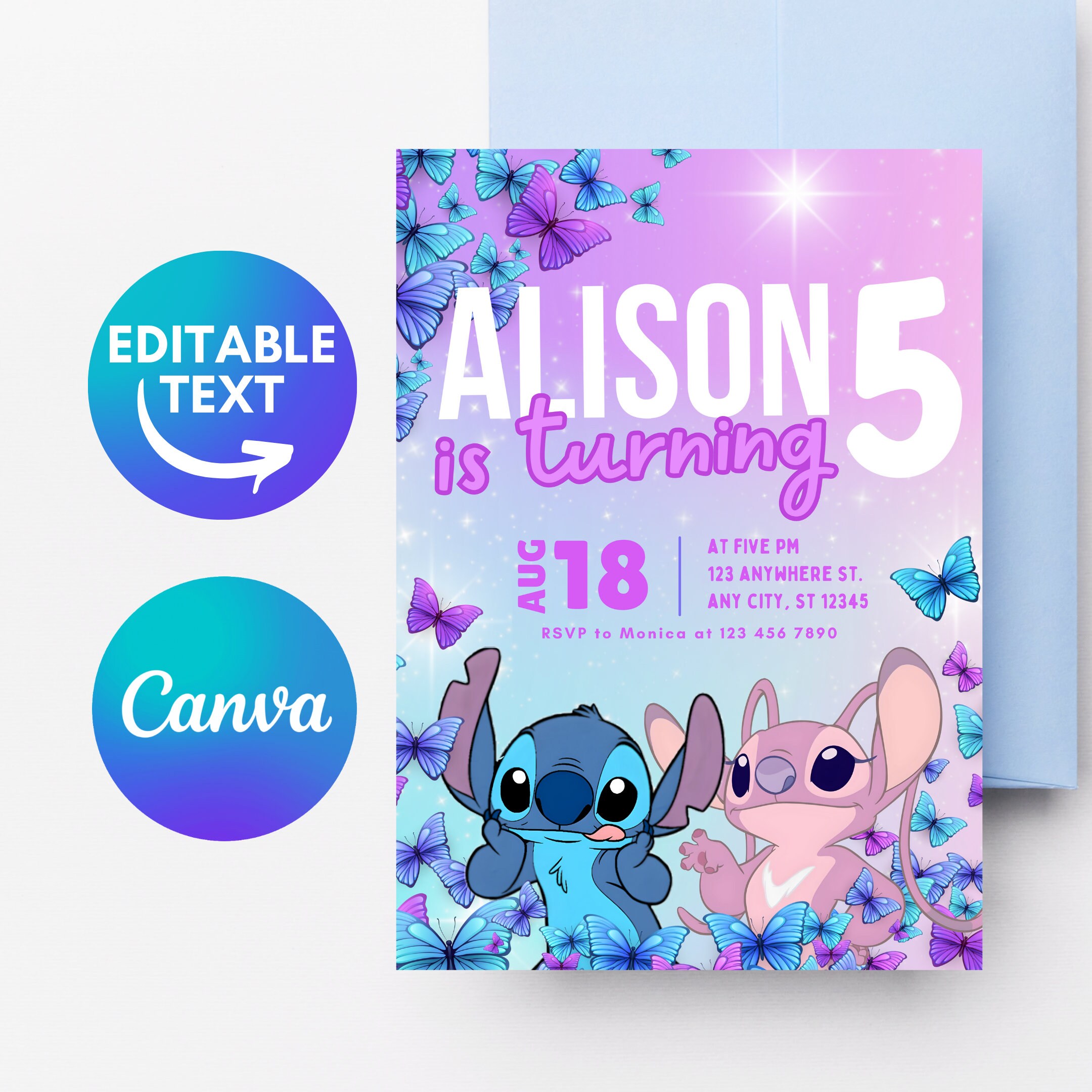 Stitch Birthday Editable Invitation, Stitch Pink and Purple Invitation ...