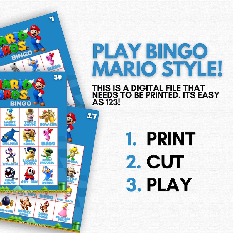 Super Mario Party Game, 30 Bingo Cards Mario Game, Super Mario Birthday ...