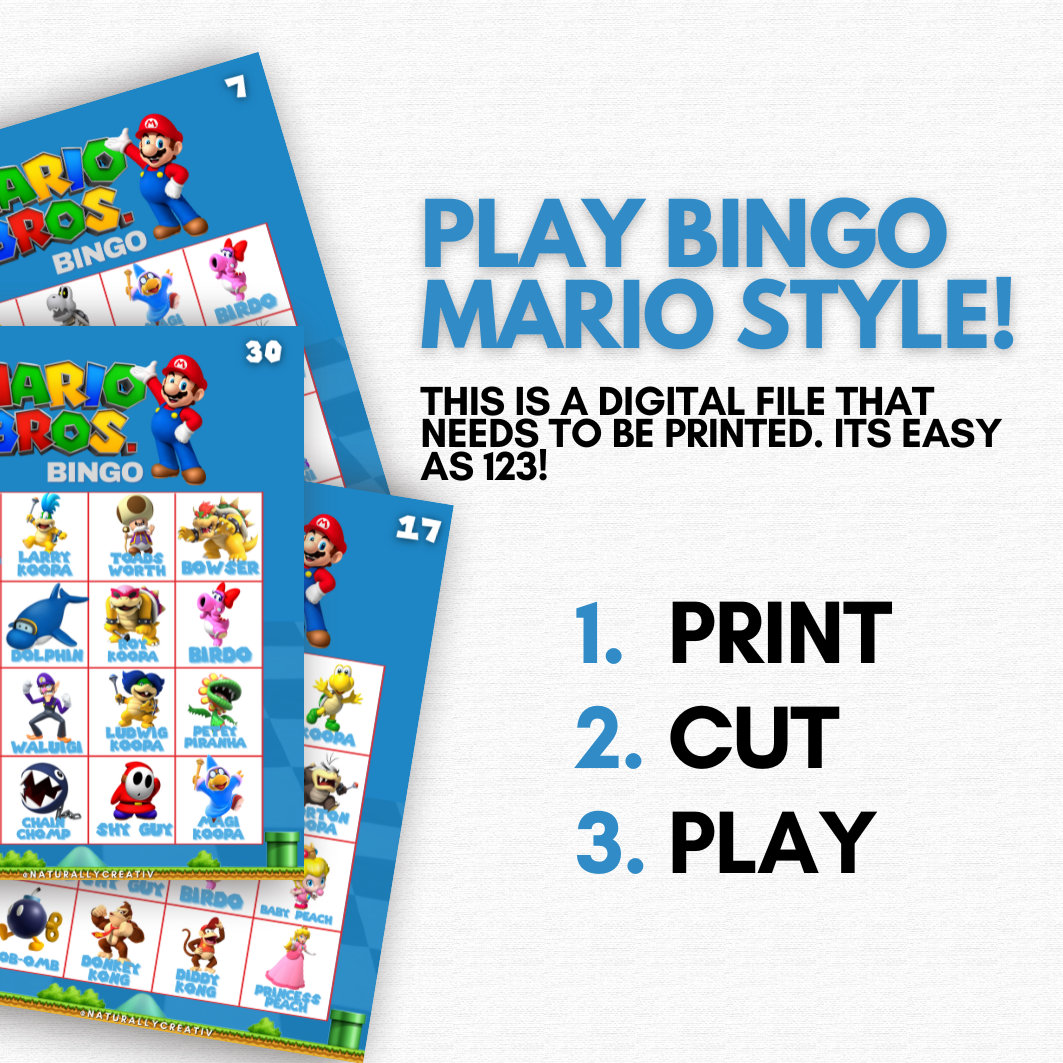 Super Mario Party Game, 30 Bingo Cards Mario Game, Super Mario Birthday ...