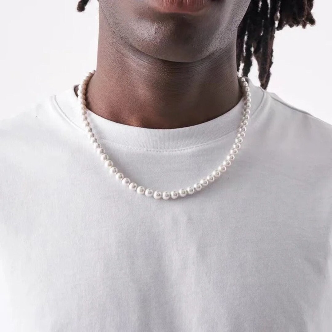 Men's Pearl Necklace Men's White Pearl Necklace Painted Glass Pearl ...