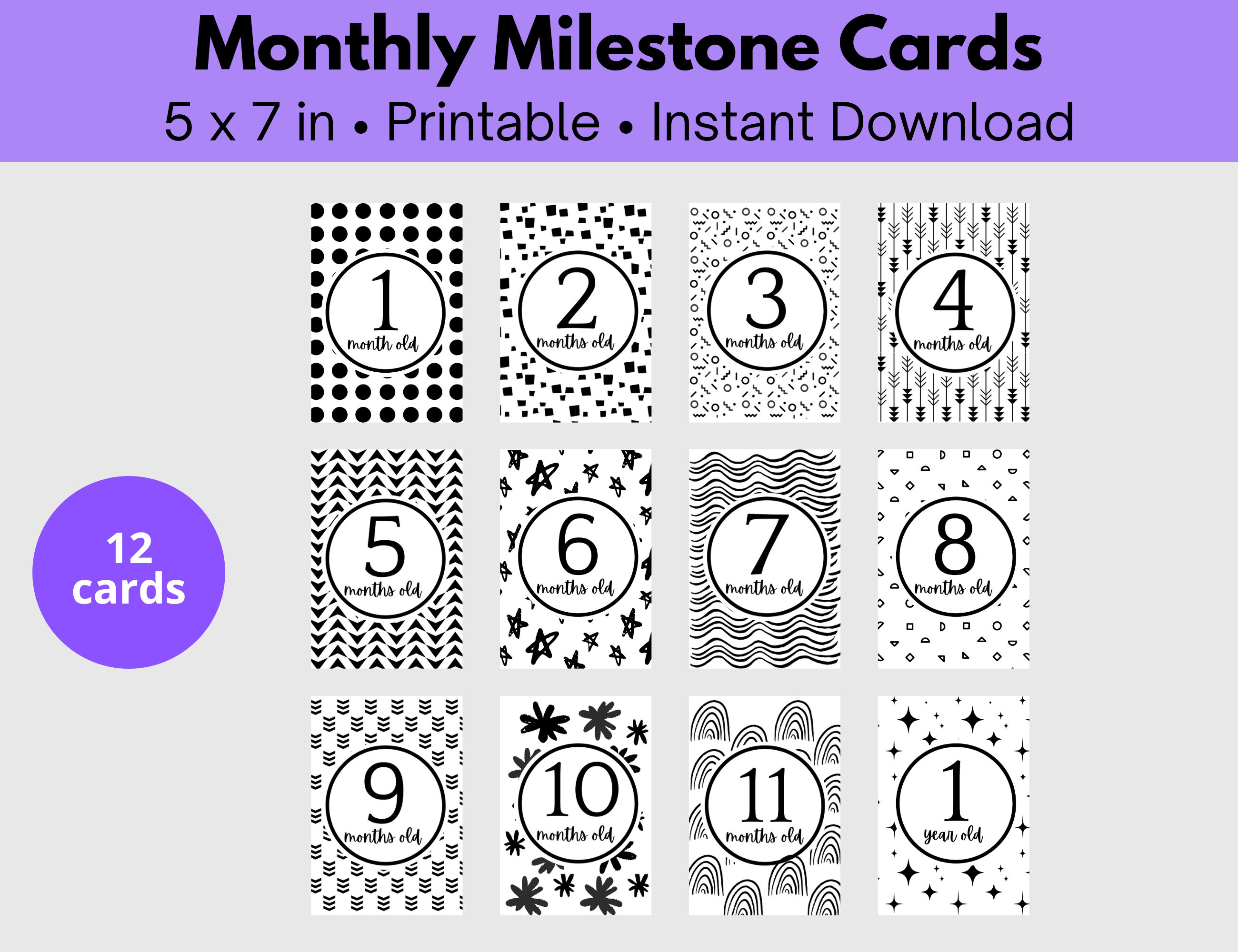 Baby Monthly Milestone Printable Cards Monochrome Digital Download - Etsy