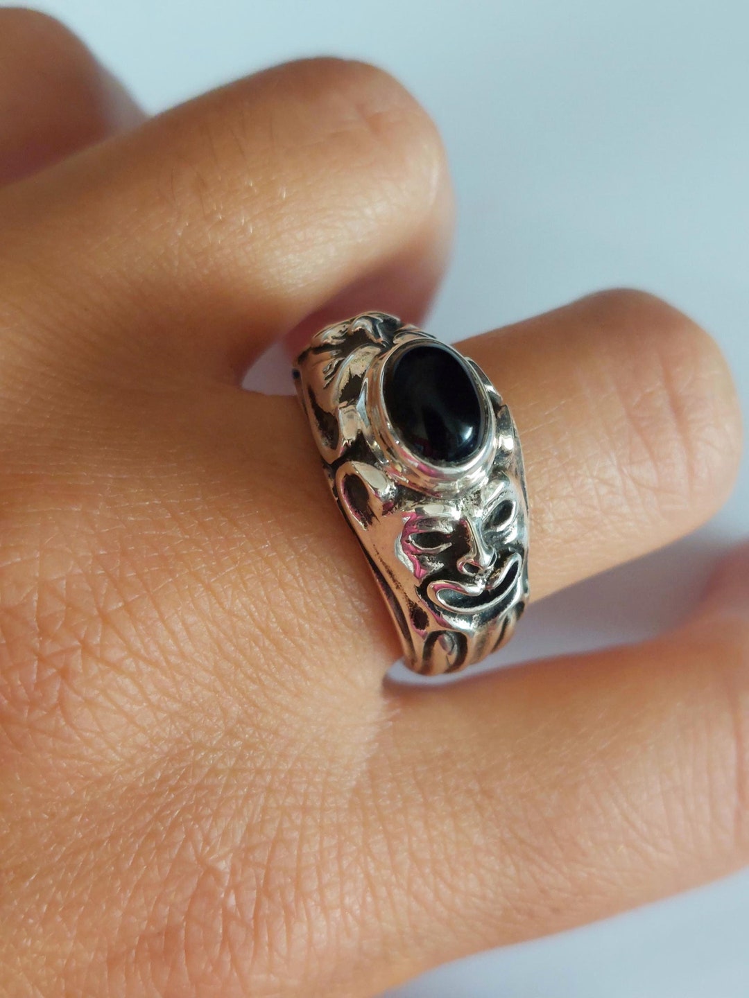 Handmade Sterling Silver Black Onyx Drama Face Ring, Art Deco Comedy ...