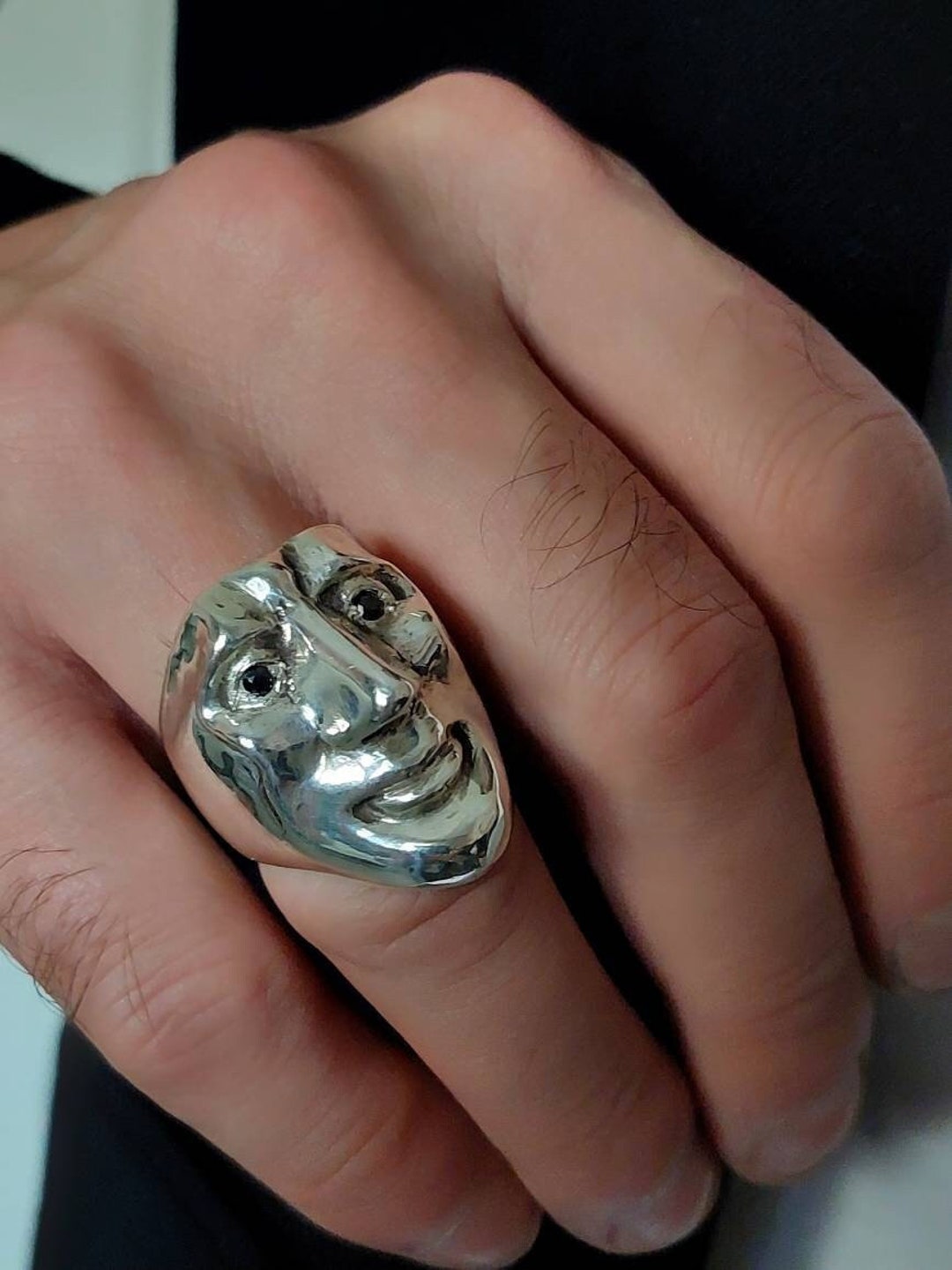 Face Ring, Statue Ring, Sculpture Ring, Sterling Silver, Black Zircon ...