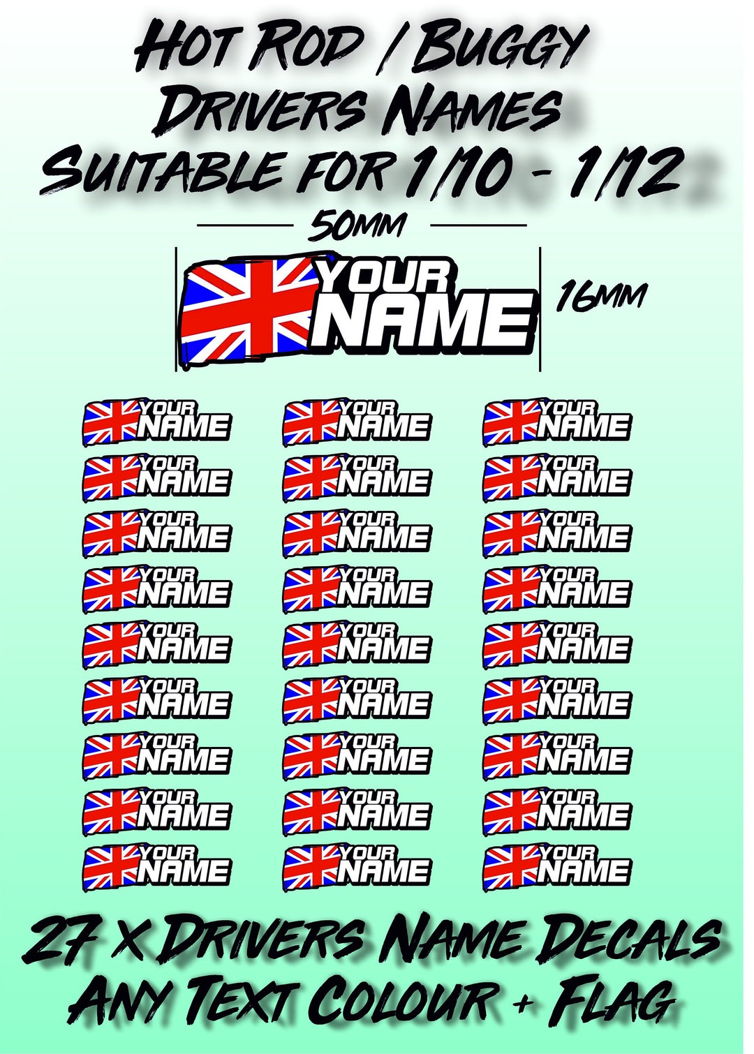 27 X RC Personalised Name Stickers 1/10 1/12 Buggy Touring Car Hot Rod ...