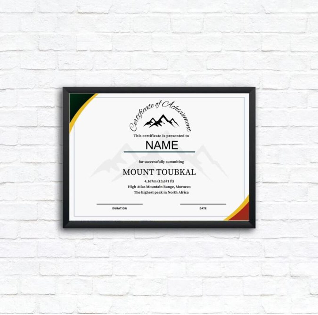 Mount Toubkal, Morocco Summit Certificate Digital Download Instant ...