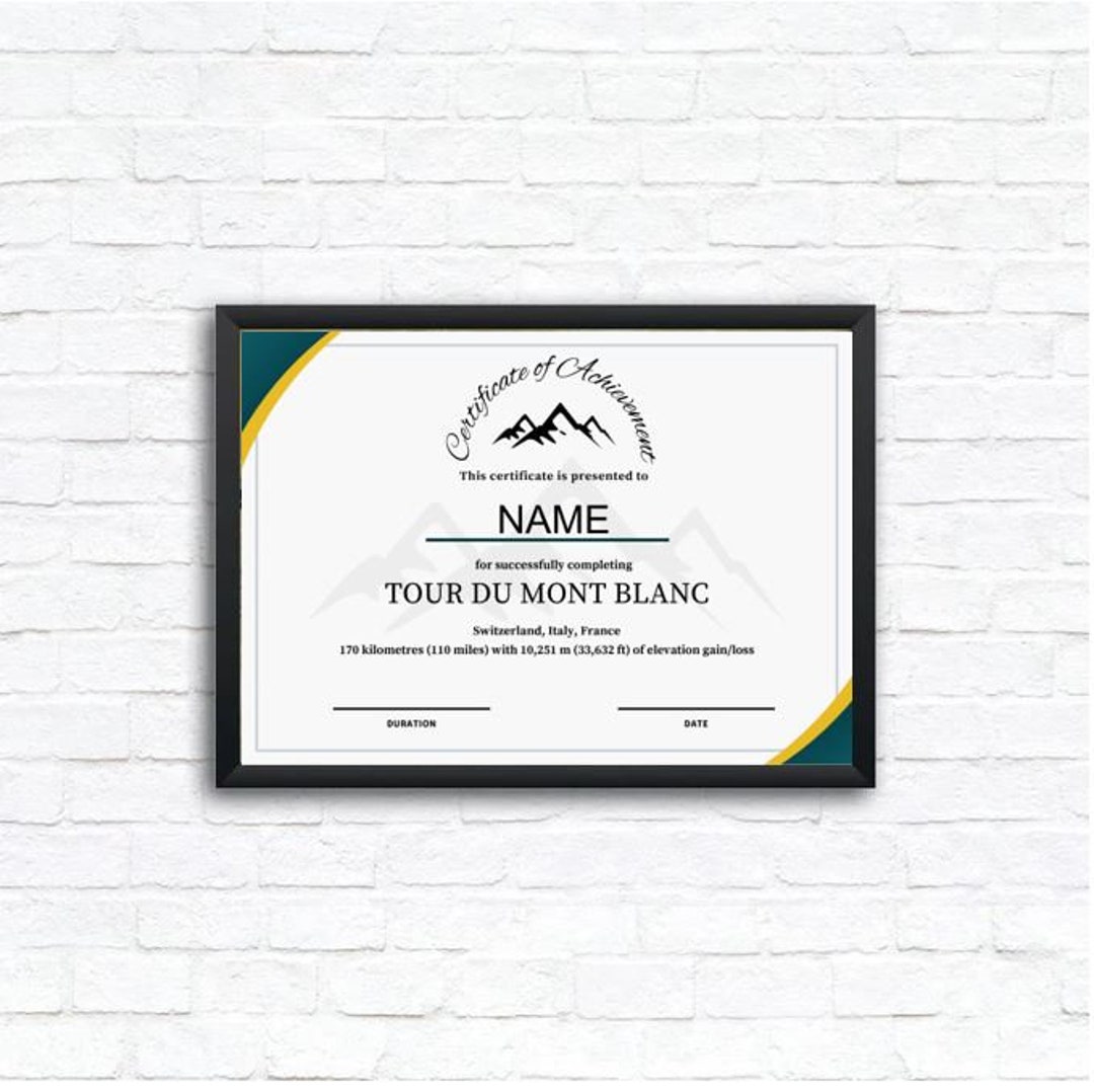 Tour Du Mont Blanc Trek Certificate of Achievement PDF Instant Download ...