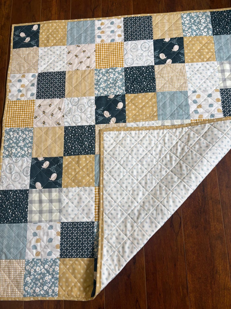 Handmade Patchwork Baby Quilt, Blue Yellow White Nursery Decor - Etsy