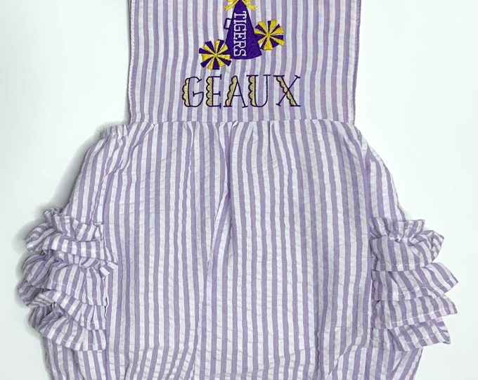 Purple Seersucker Ruffle Butt Bubble Sunsuit Romper Purple Gold Cheer ...