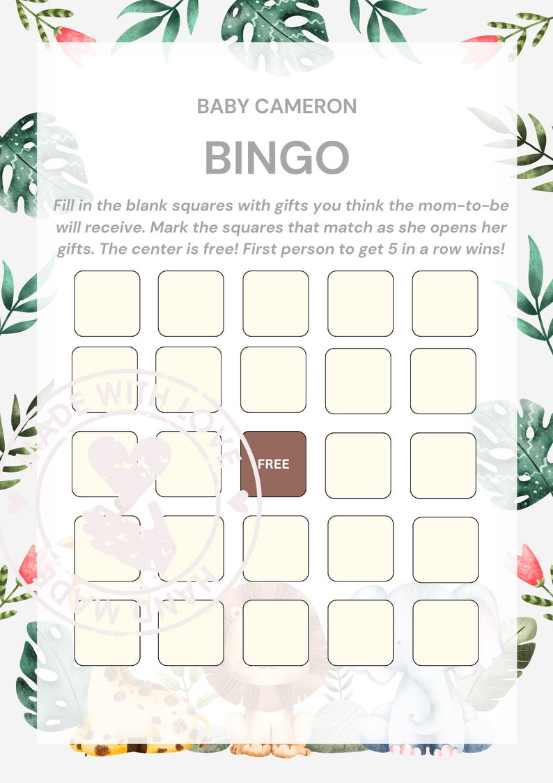 Baby Bingo Game safari Baby Cards Baby Shower Game Baby Bingo Blank ...