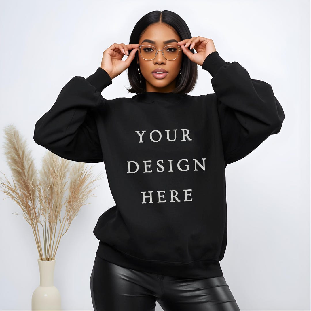 Gildan 18000 Black Sweatshirt Mockup, Black Female Model Mockups ...