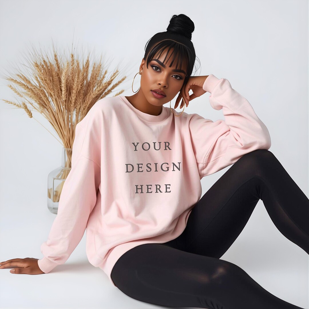 Gildan 18000 Light Pink Mockup, Black Female Model (JPEG File), Diverse ...