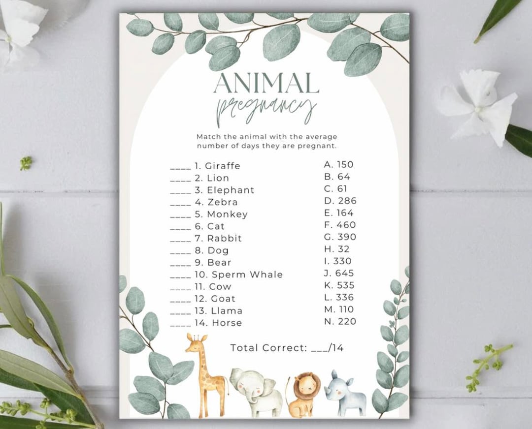 Animal Pregnancy | Jungle Safari Baby Shower Game | Answer Key Included ...
