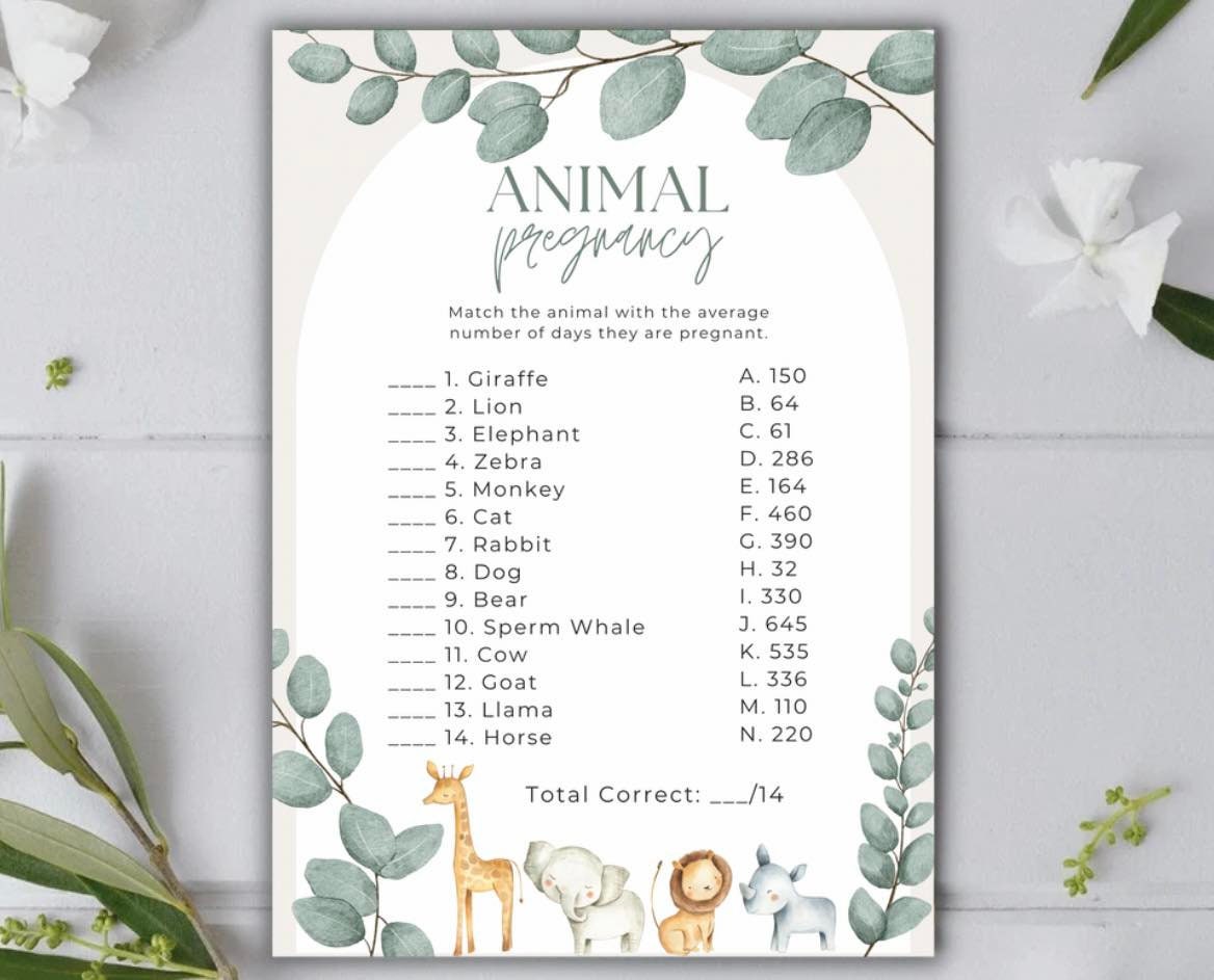 Animal Pregnancy | Jungle Safari Baby Shower Game | Answer Key Included ...