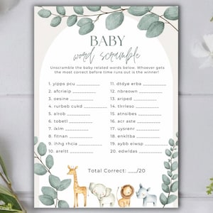 Baby Word Scramble | Jungle Safari Baby Shower Game | Answer Key ...