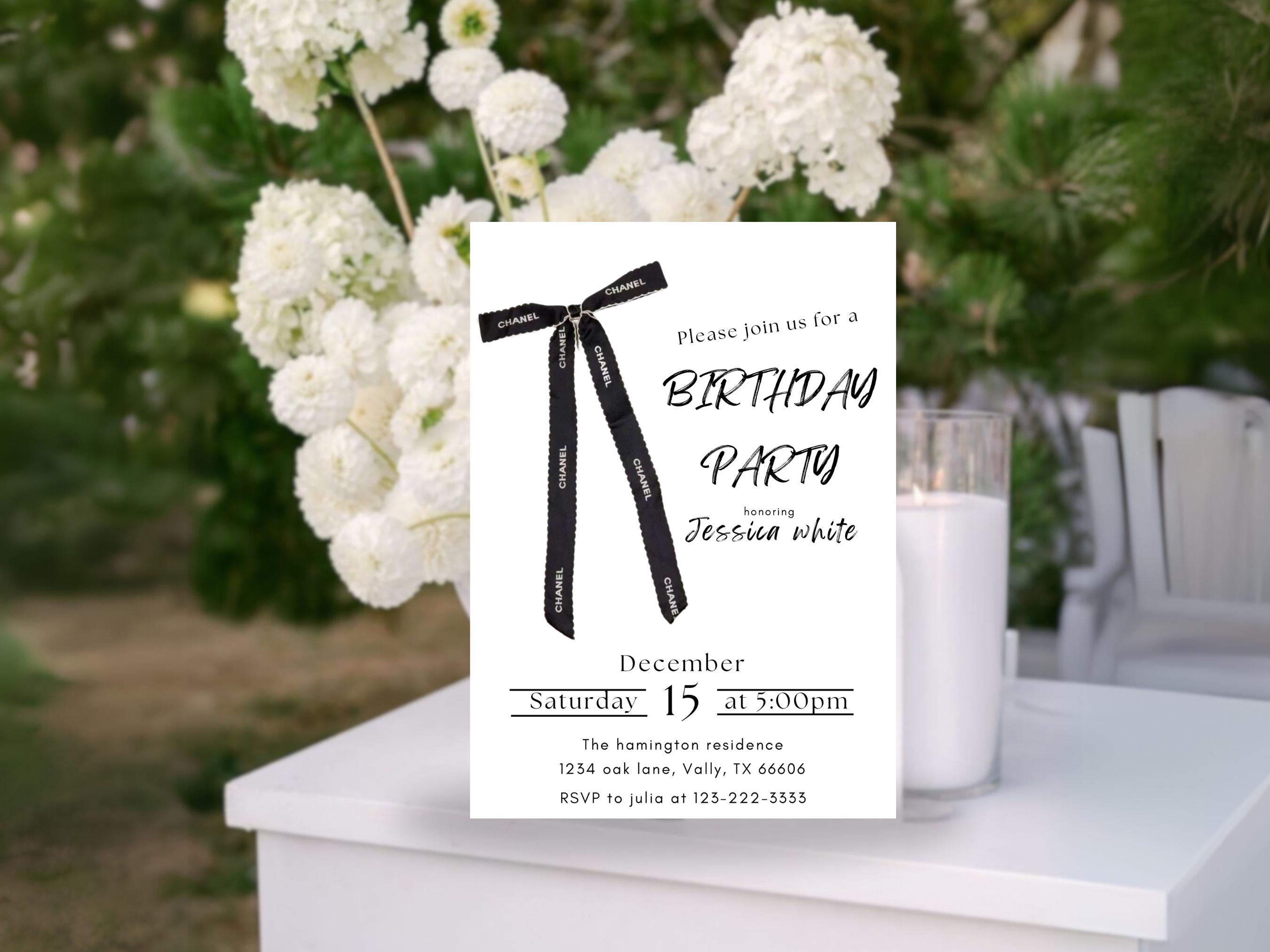 Editable Black Chanel Bow Birthday Invitation Template, Minimalist ...