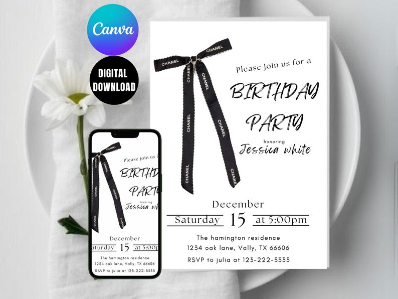 Editable Black Chanel Bow Birthday Invitation Template, Minimalist ...